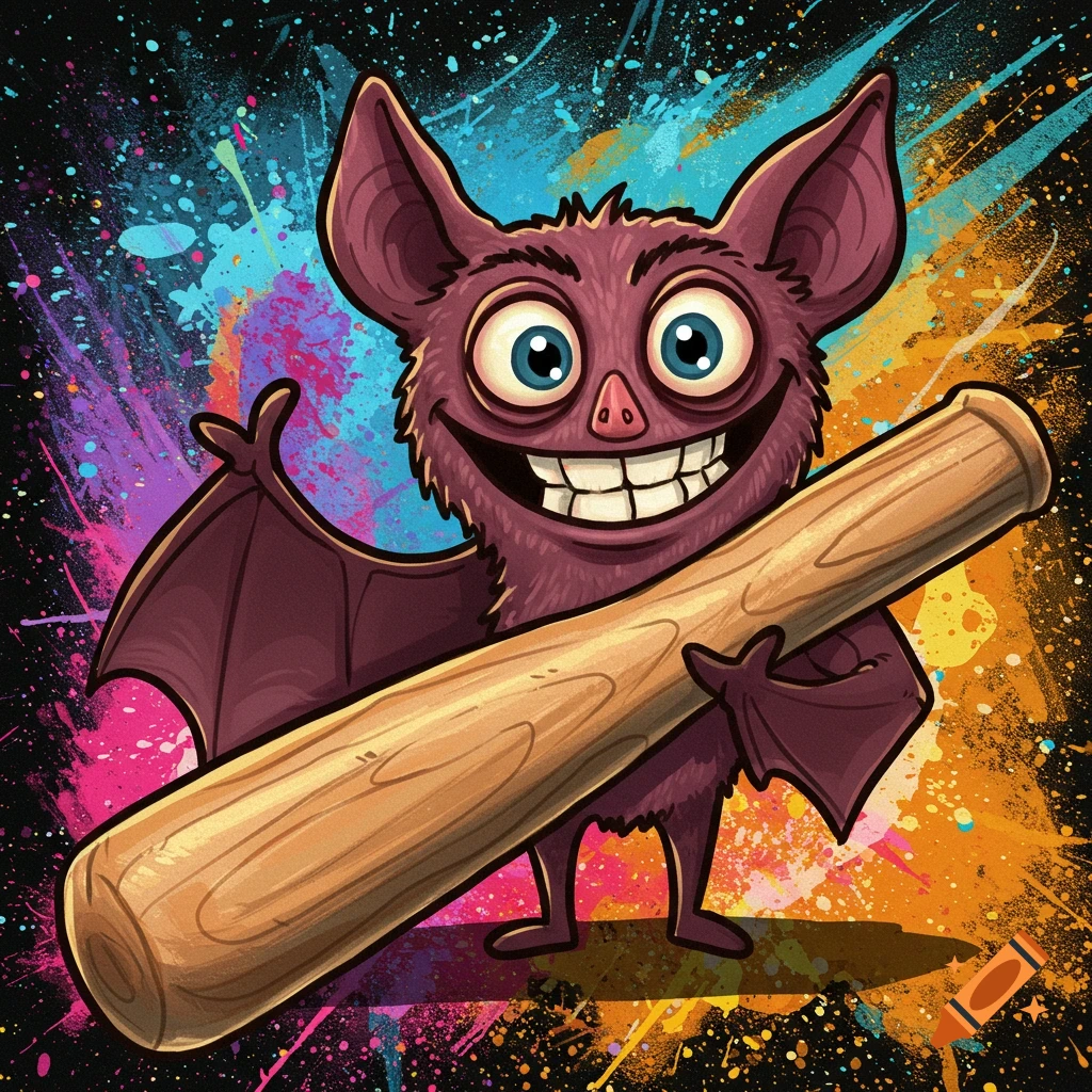 Cartoon bat with big eyes and grin holds a baseball bat against a ...