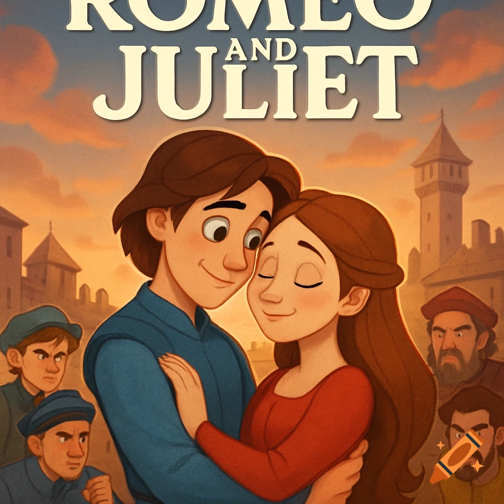 Movie poster for a children's animated Romeo and Juliet movie. on Craiyon