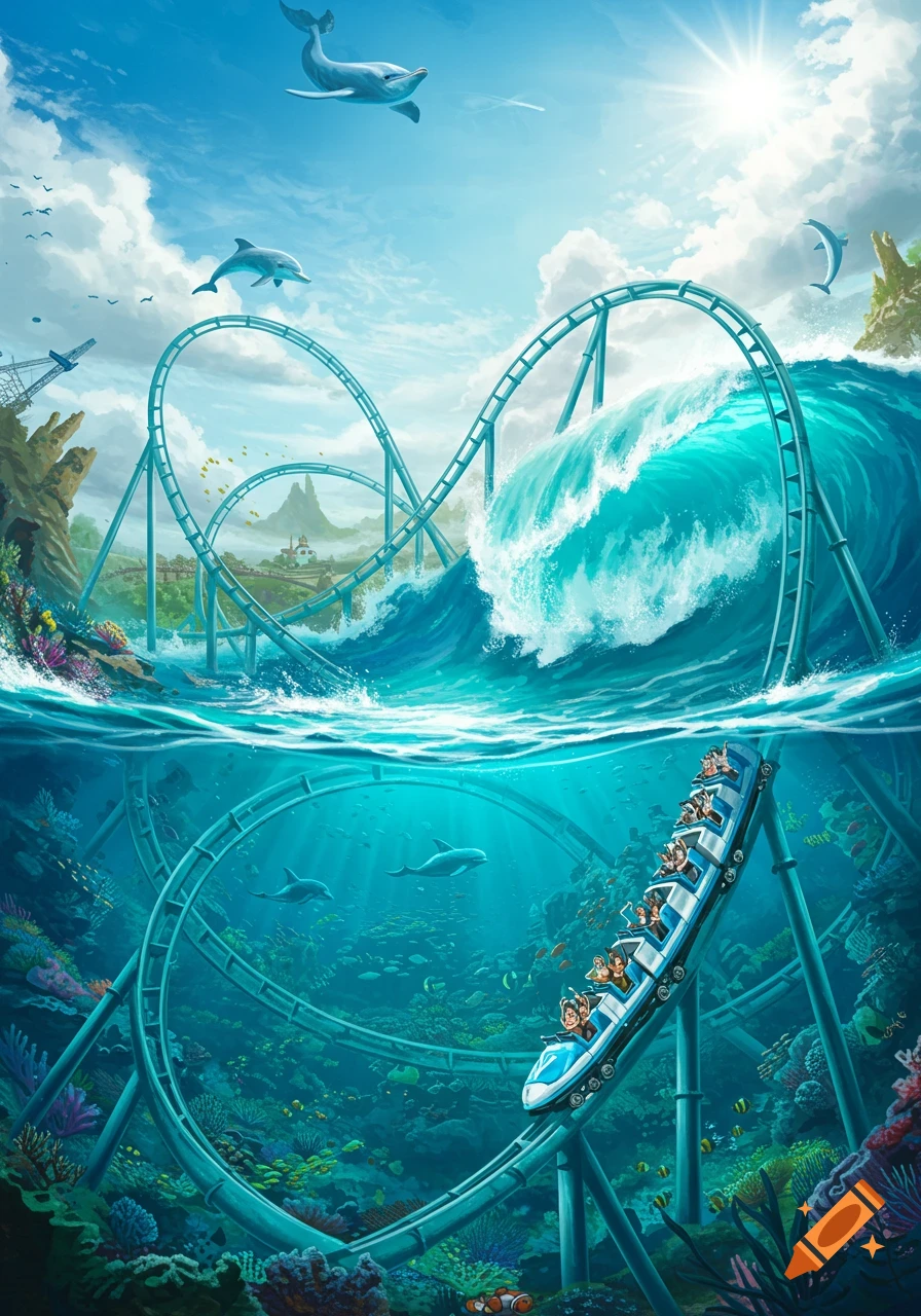 Ocean roller coaster looping above and below the water with dolphins ...