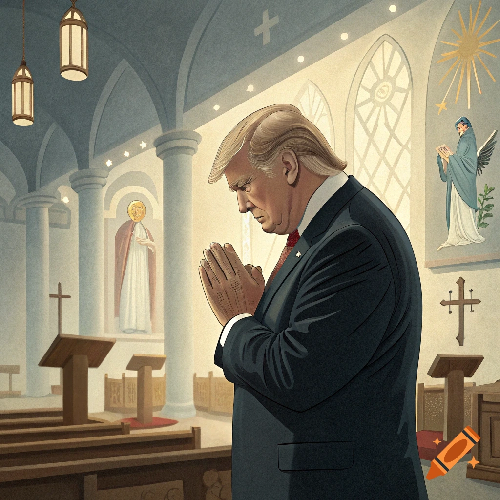 Illustration of figure resembling Trump speaking at a church podium ...