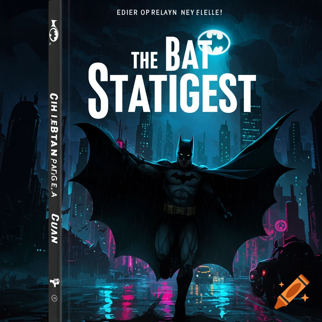 Batman themed book cover titled "The Bat Strategist" on Craiyon