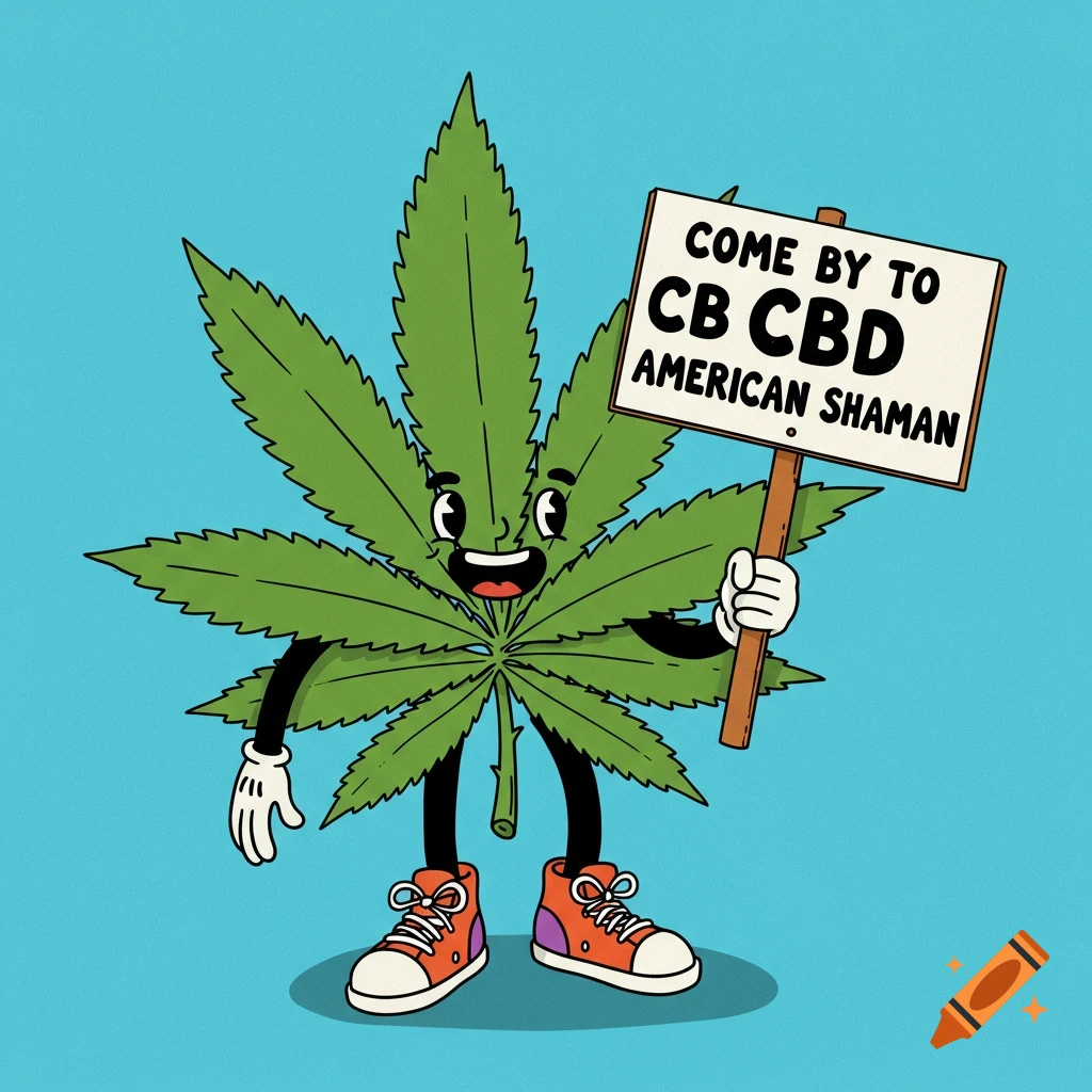 Cartoon cannabis leaf character holding a sign advertising CBD. on Craiyon