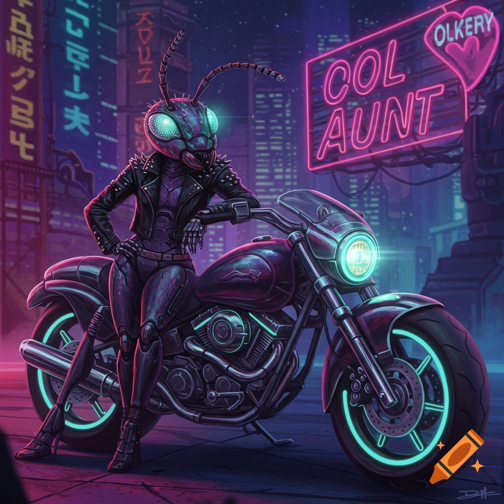 Female ant biker leaning on motorcycle with neon "Cool Aunt" sign. on ...
