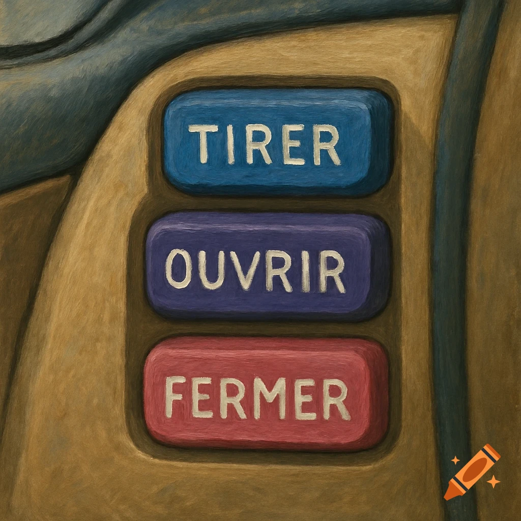 A close-up image of three buttons, blue labeled TIRER, purple labeled ...