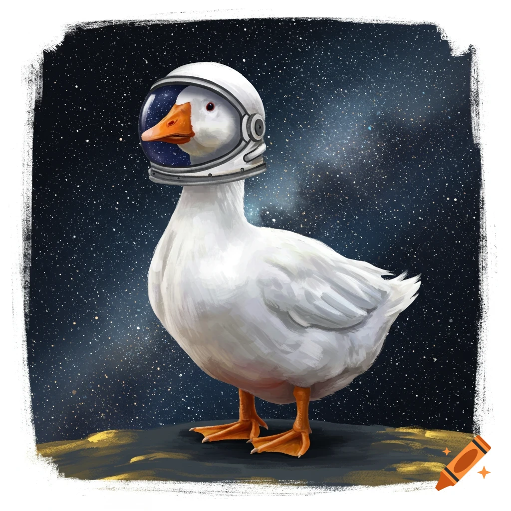 A white goose wears an astronaut helmet set against a starry space background. on Craiyon