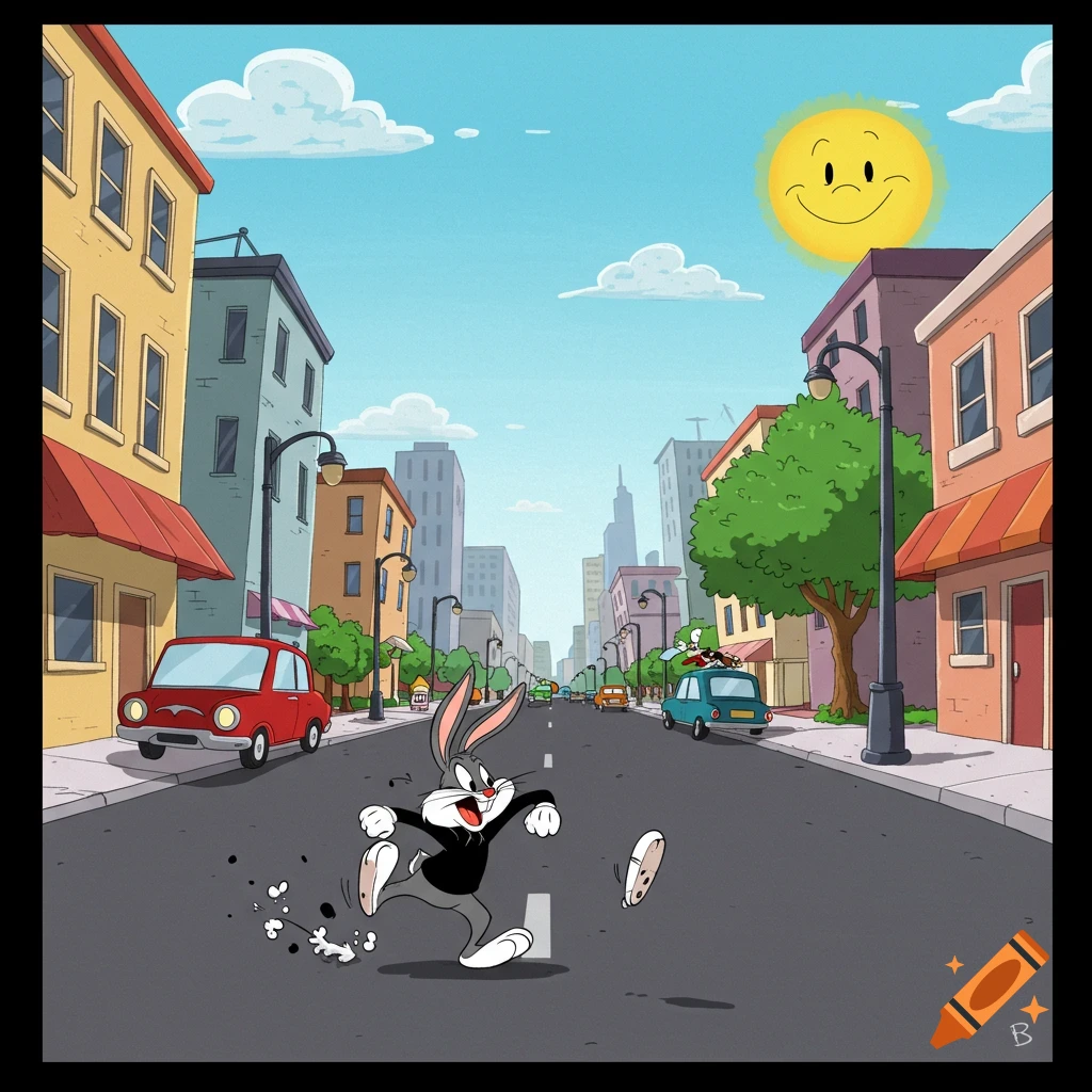 Bugs Bunny running in a cartoon city street with buildings, cars, and a ...