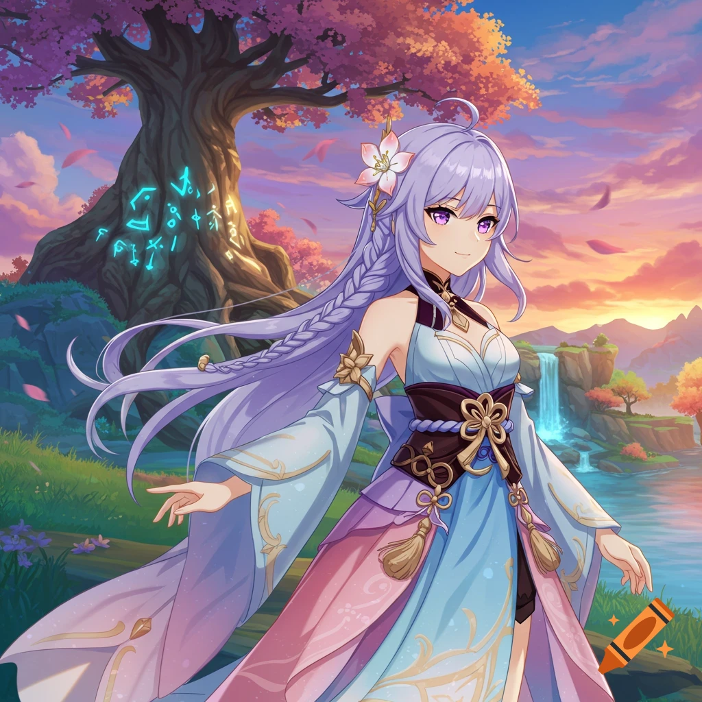 Anime character with purple hair in fantasy landscape with glowing tree ...
