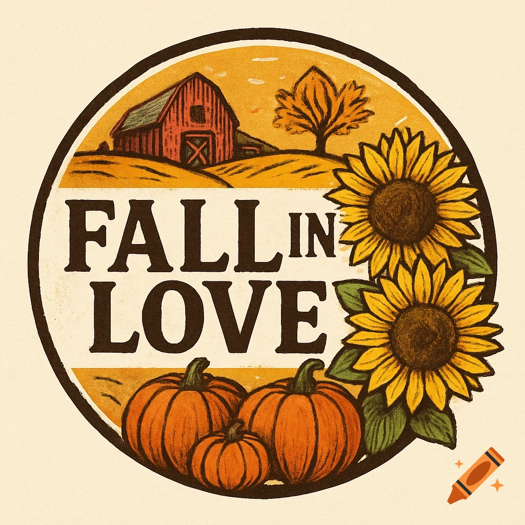 Fall in Love logo with autumn Midwest theme, pumpkins, and sunflowers ...