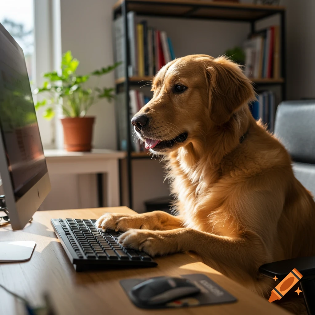 A golden retriever dog sits at a desk and types on a computer keyboard ...