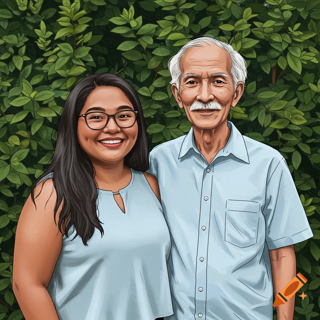 Cartoon portrait of a woman with glasses and an older man with a ...