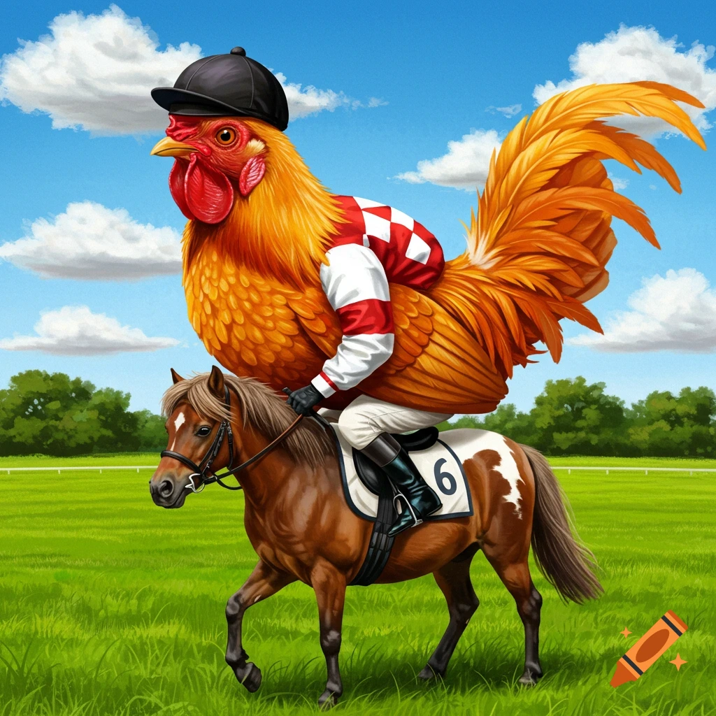 Illustration of a chicken wearing jockey silks riding a horse in a race ...