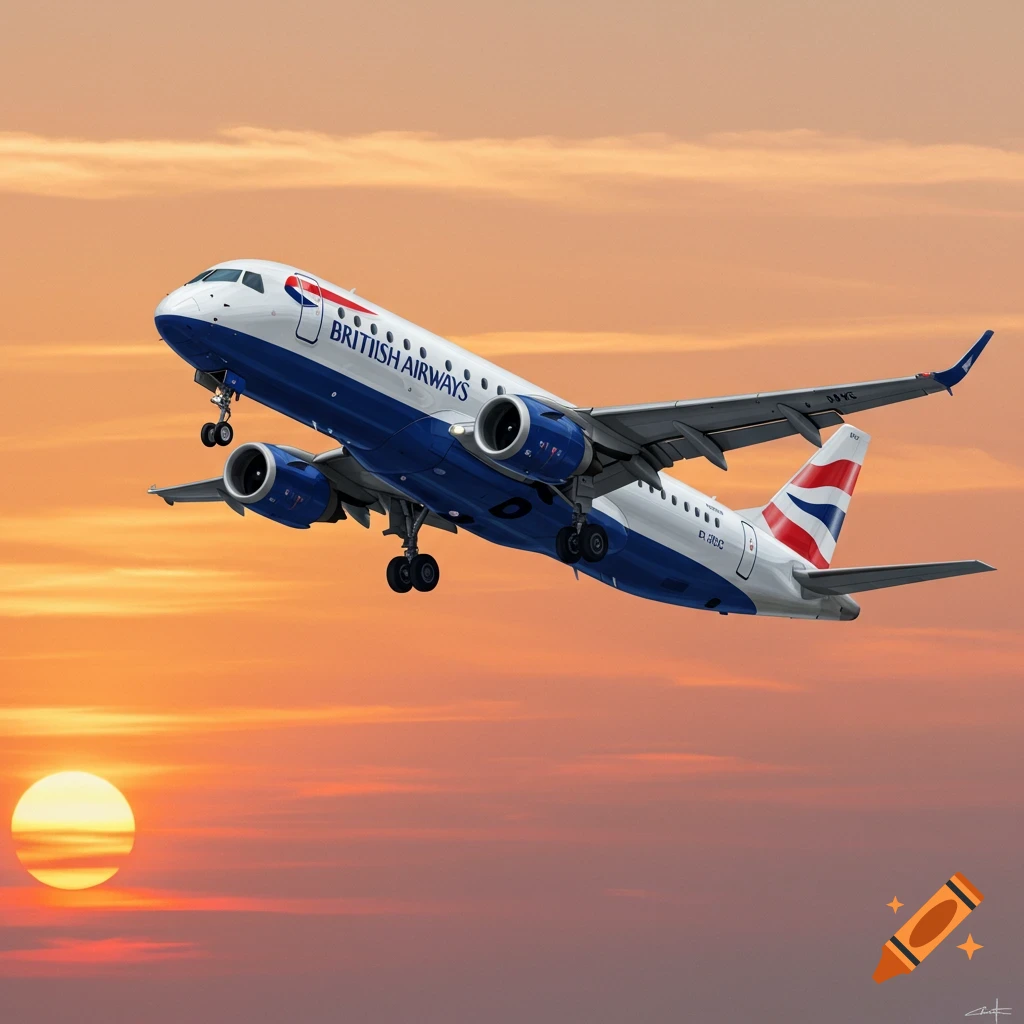 A British Airways Embraer 195 is on a wet runway in the rain. on Craiyon