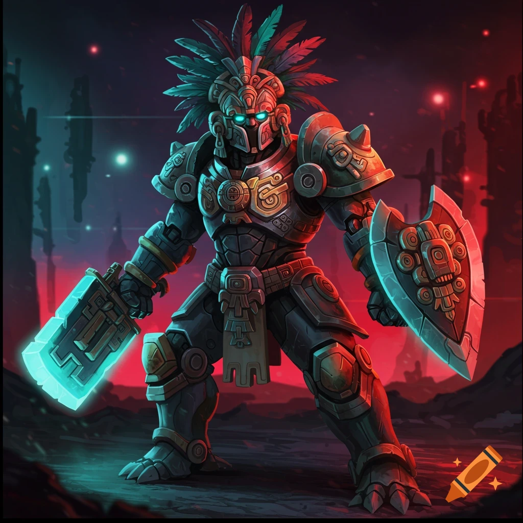 Futuristic Aztec warrior golem with technological details on Craiyon