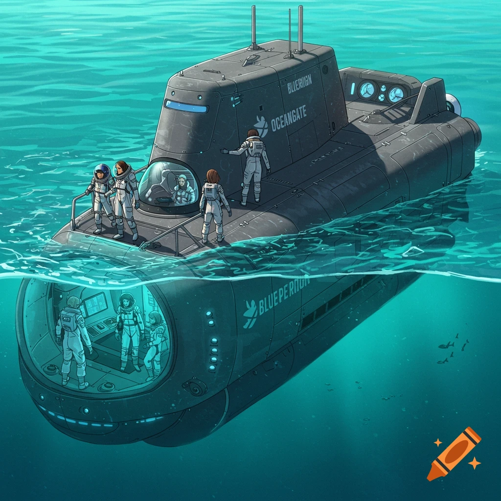 A yellow submarine navigates through kelp and fish in a whimsical ...