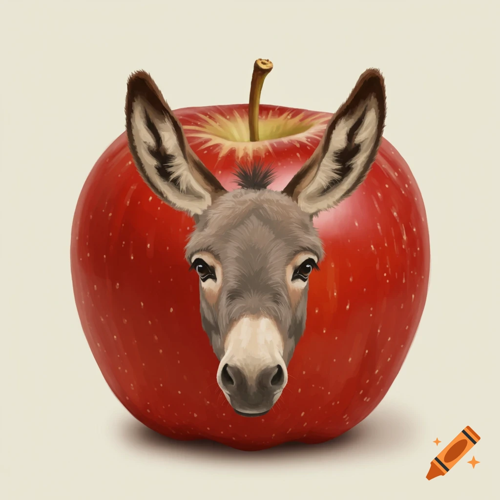A donkey's head on a large red apple. on Craiyon