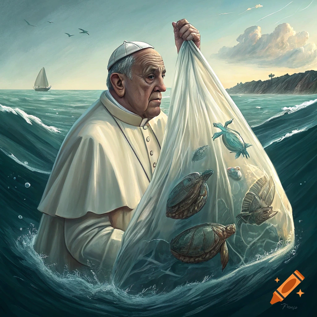 The Pope stuck in a plastic bag like a turtle on Craiyon
