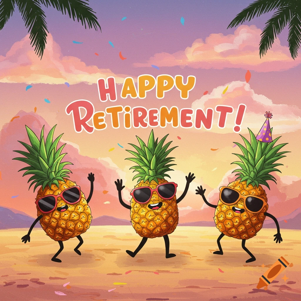 Cartoon dancing pineapples with sunglasses on a beach under text that ...
