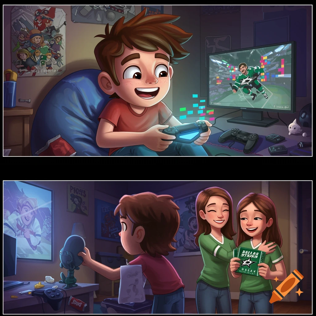 Kid playing PS4 gets Dallas Stars ticket from mom on Craiyon