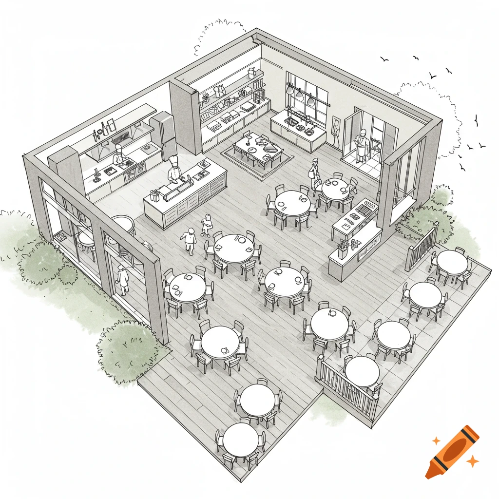 Birds eye sketch illustration of a busy restaurant with a kitchen ...