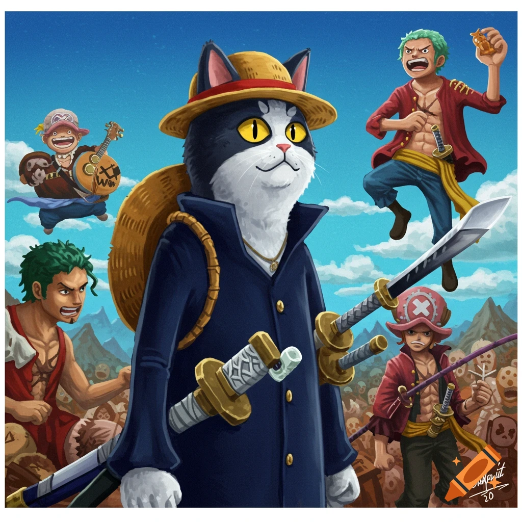Cat character playing One Piece, jumping on enemies on Craiyon