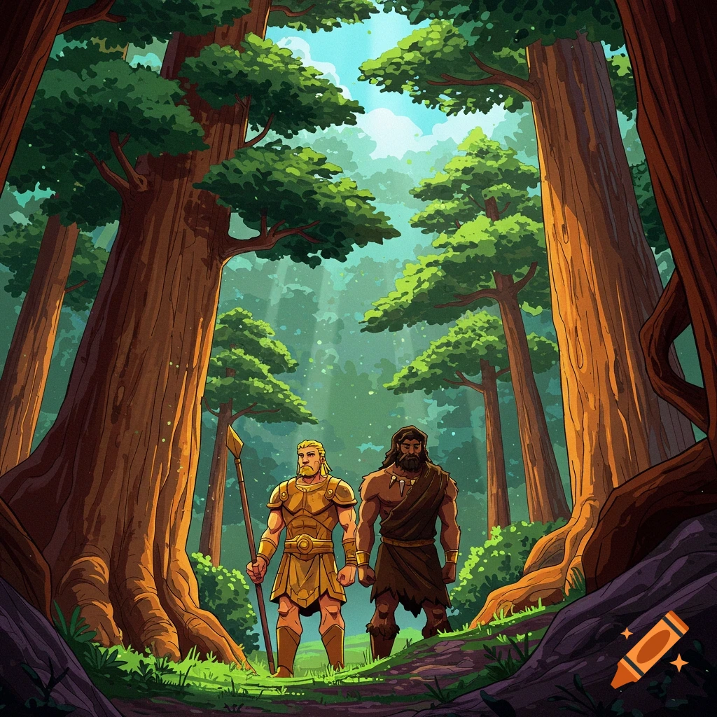 Gilgamesh and Enkidu in the Cedar Forest, virtual style on Craiyon