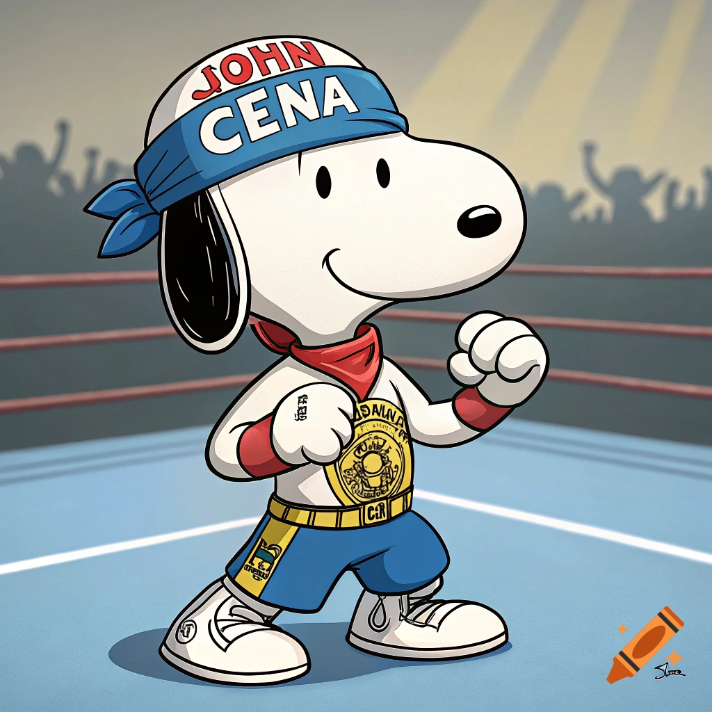 Cartoon Snoopy dressed as John Cena in a boxing ring, wearing a ...