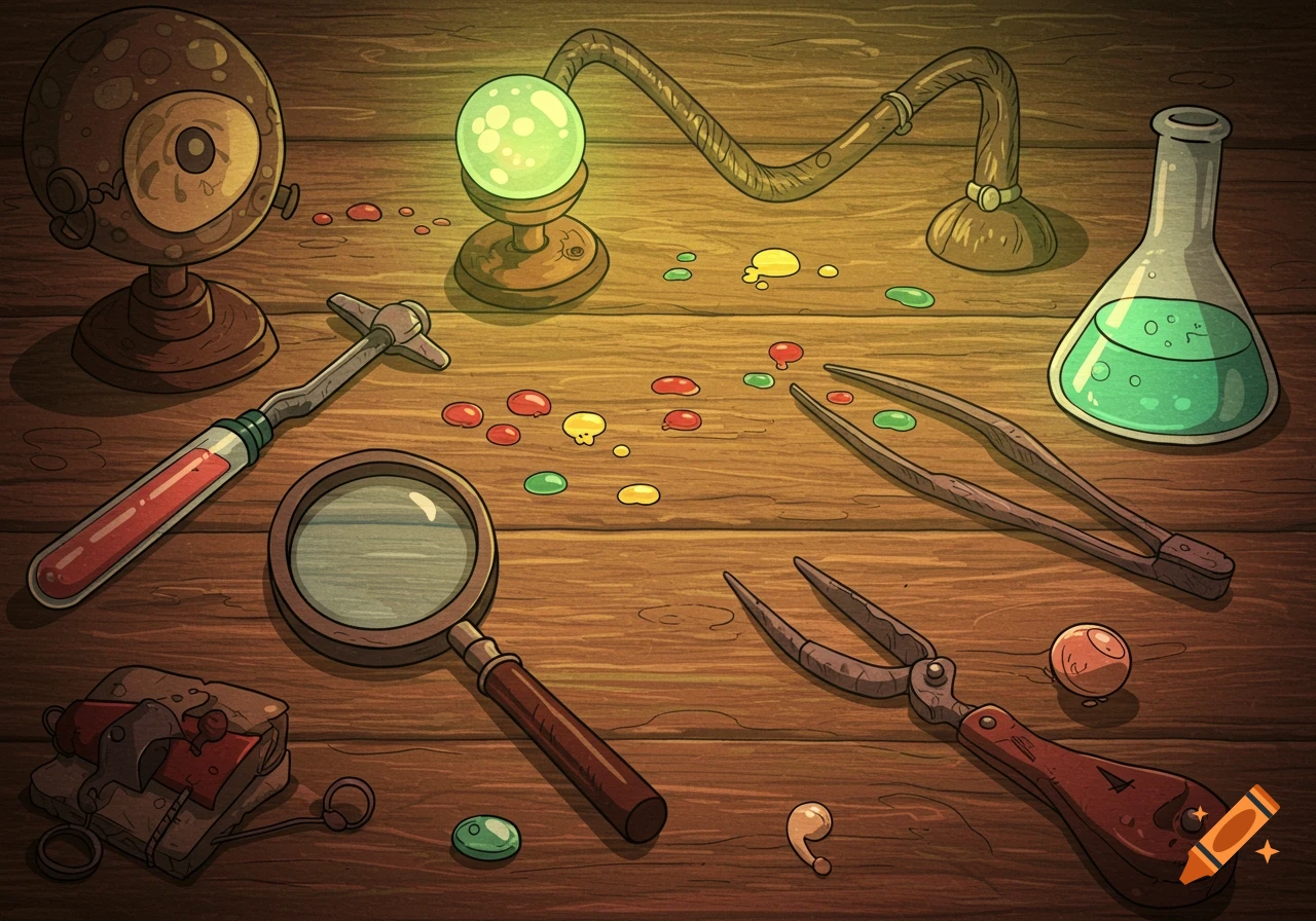 Cartoon illustration of science tools like a test tube, magnifying ...
