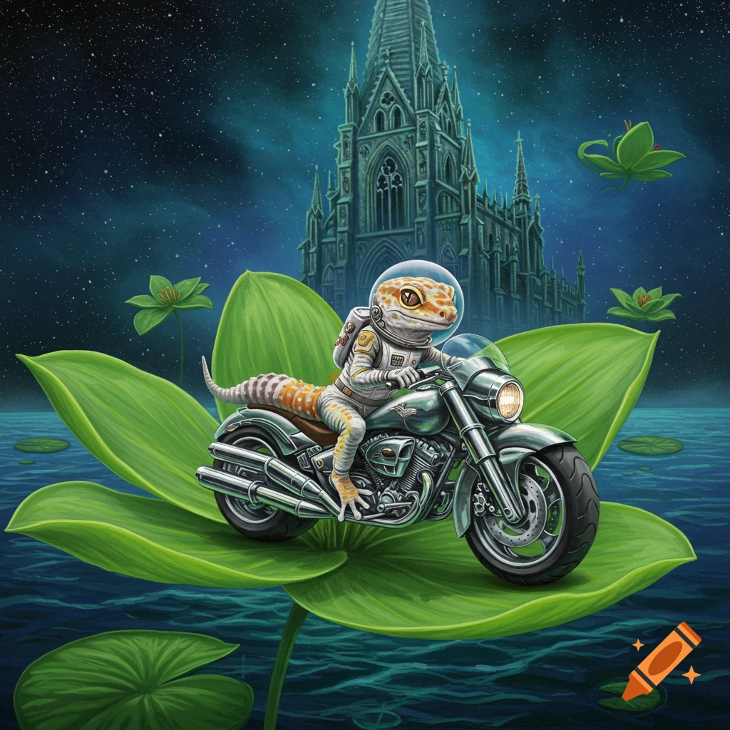 A gecko in a space suit riding a motorcycle on a lily pad with a church ...