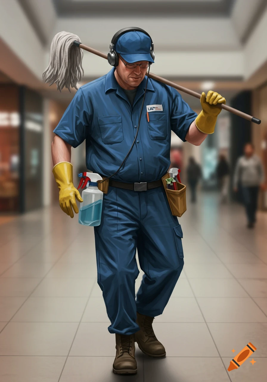 Mall janitor dancing with mop over his shoulder, wearing headphones and ...
