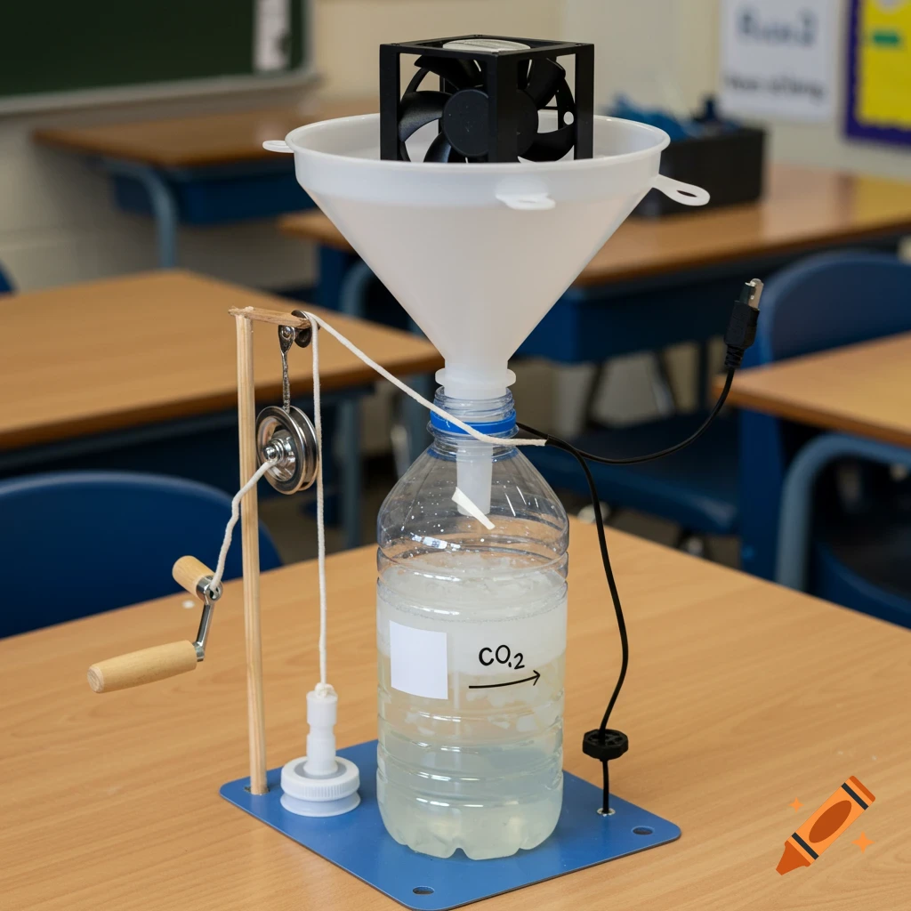 Realistic photo of a student's DIY direct air capture machine on a ...