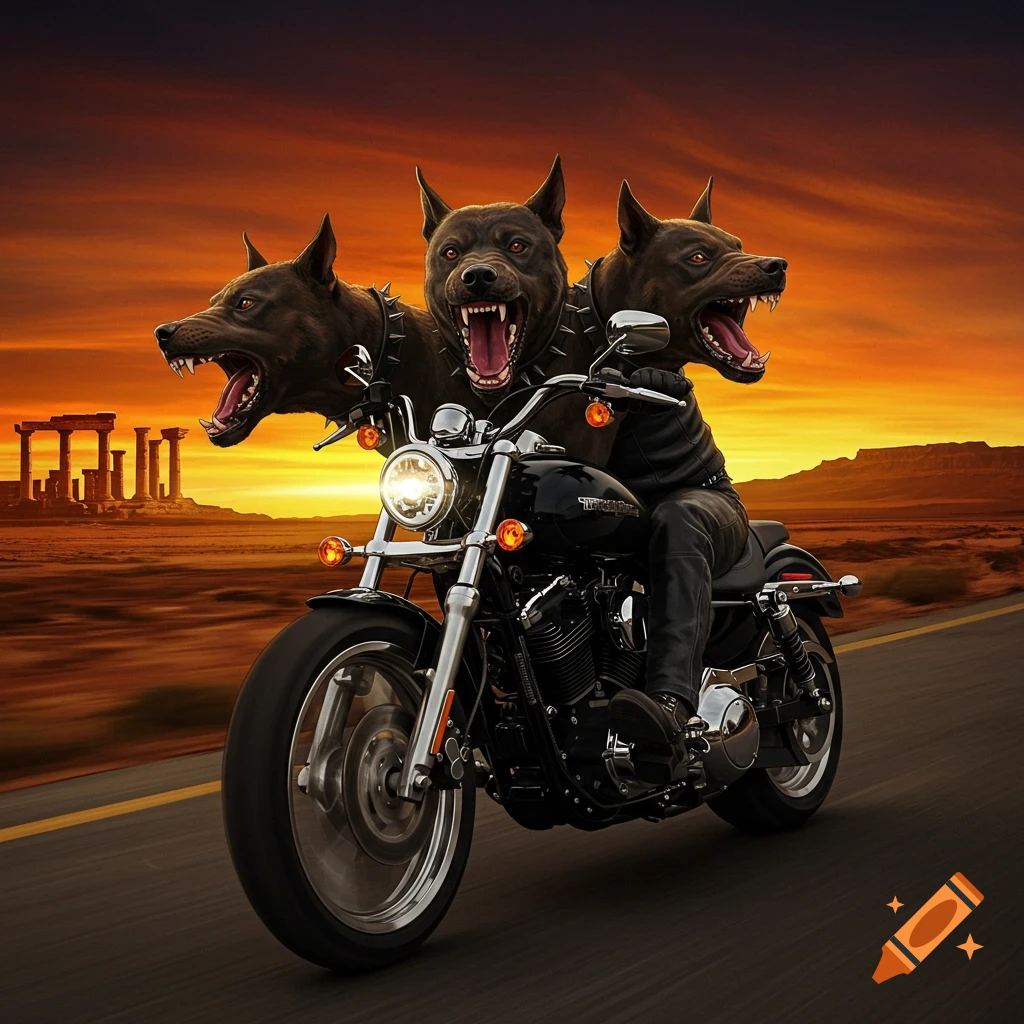 A three-headed dog rides a motorcycle down a road towards ancient ruins ...