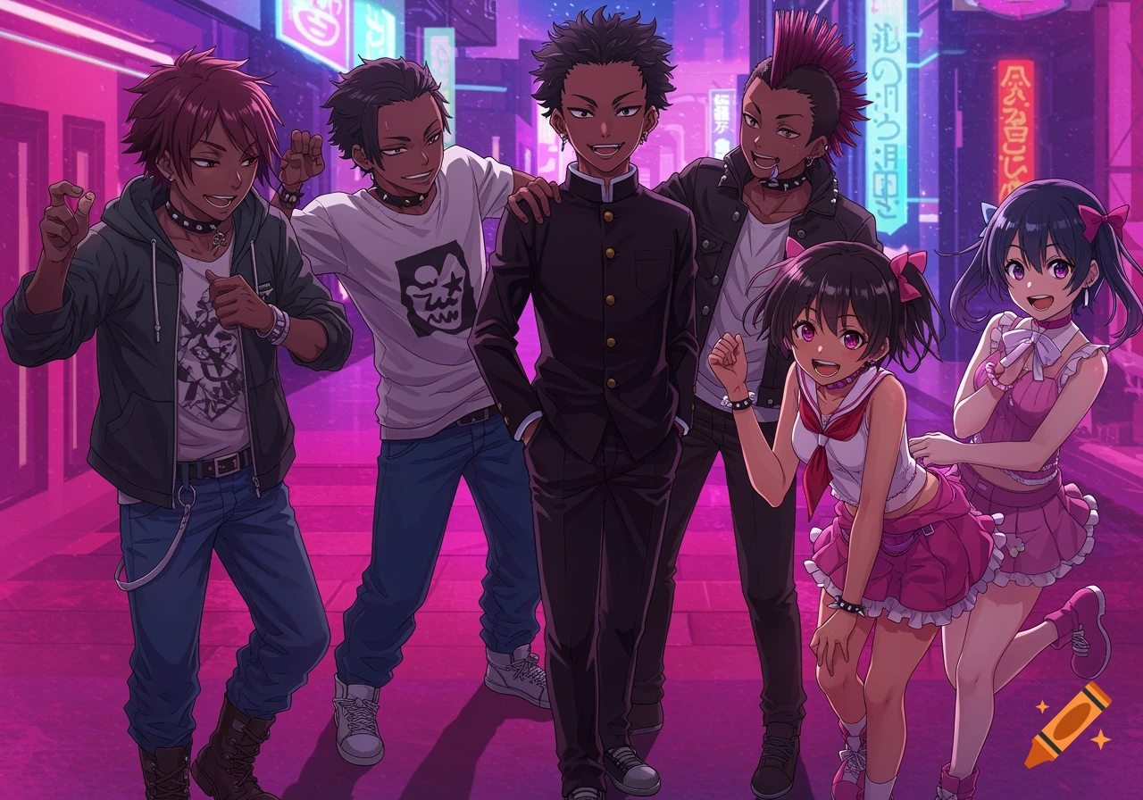Anime group of friends with dark skin tones in a vibrant neon city ...