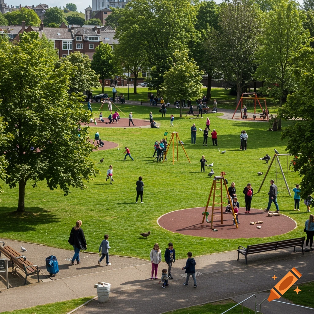 Park with children playing, playground, dogs, birds, and people walking ...