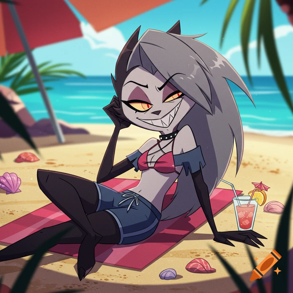 Loona from Helluva Boss on the beach in cartoon style on Craiyon