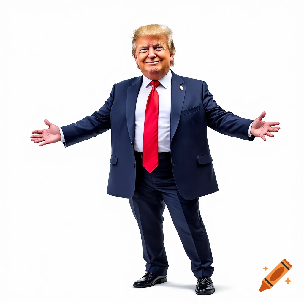 Donald Trump standing with arms open, smiling, in a suit and tie on Craiyon