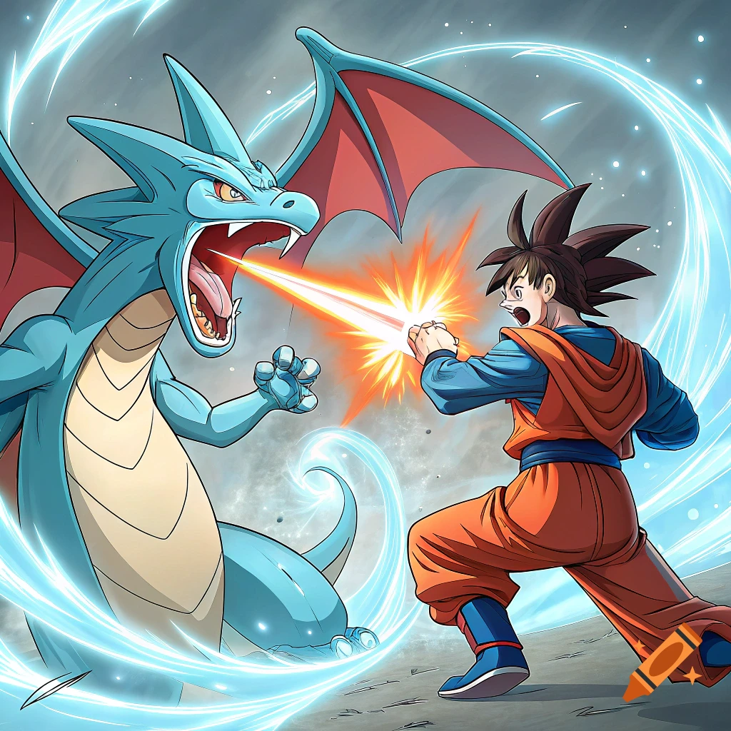 Goku and Salamence clash beams in an anime style battle. on Craiyon