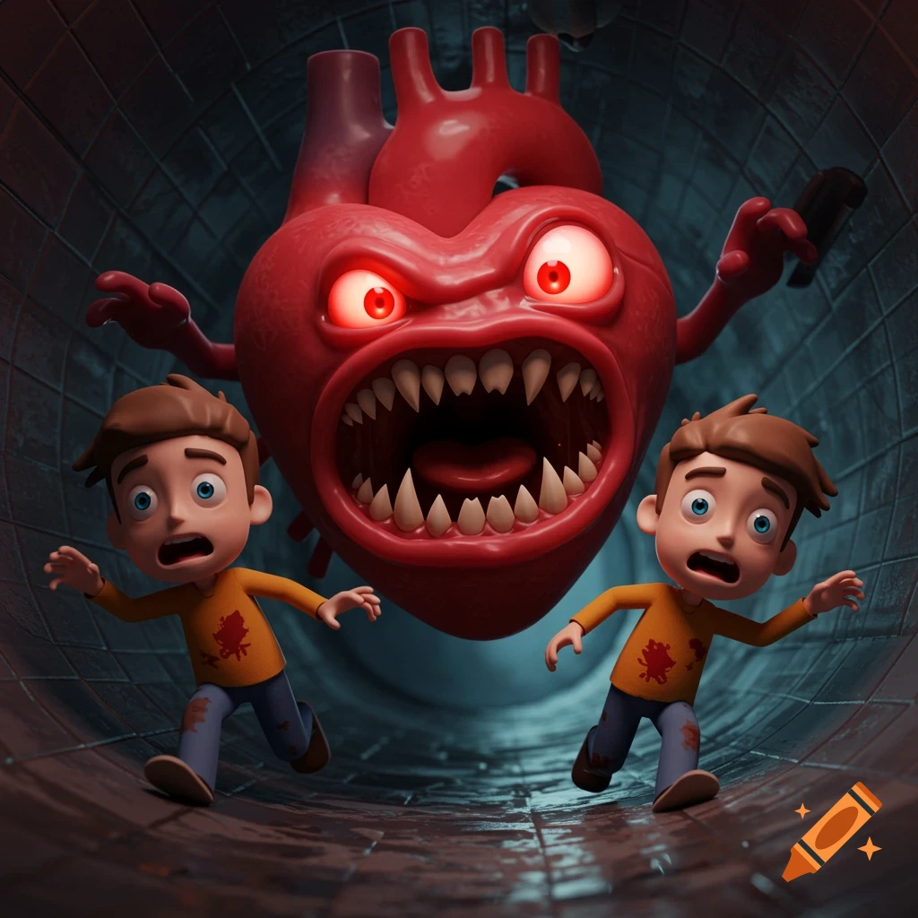 Cartoon 3D scary heart chasing twin brothers in sewers on Craiyon