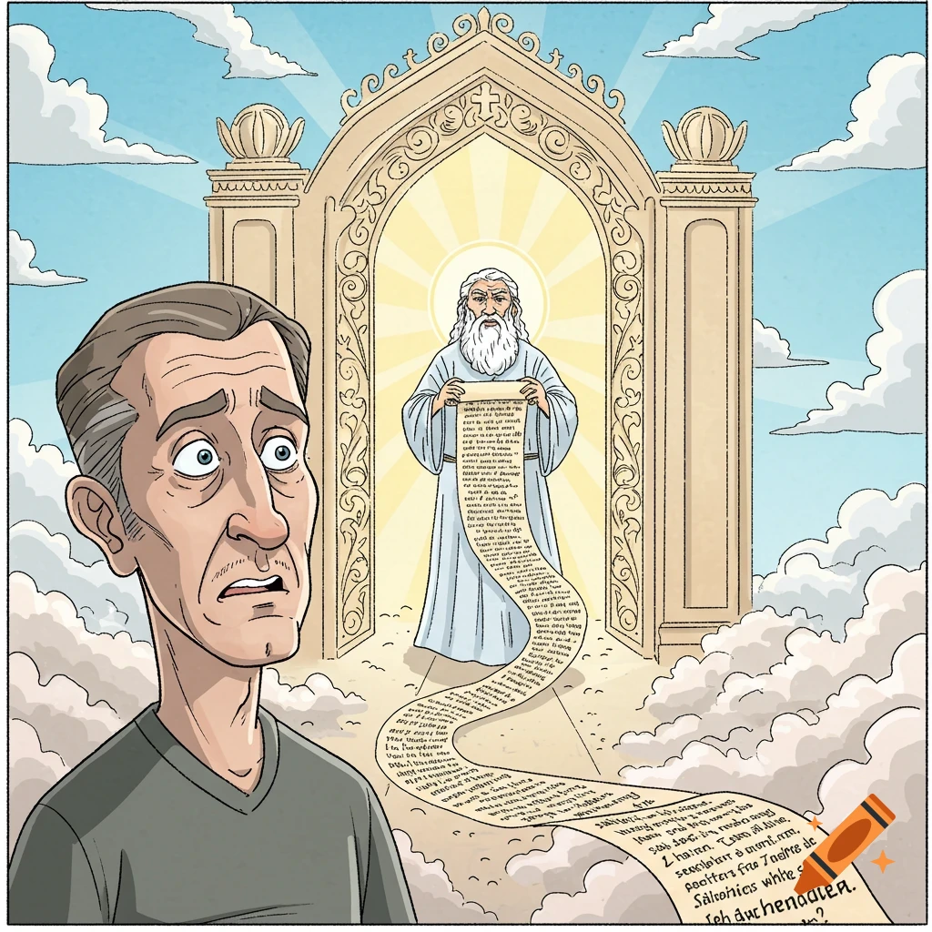 Comic illustration of a man looking scared while God stands at the ...