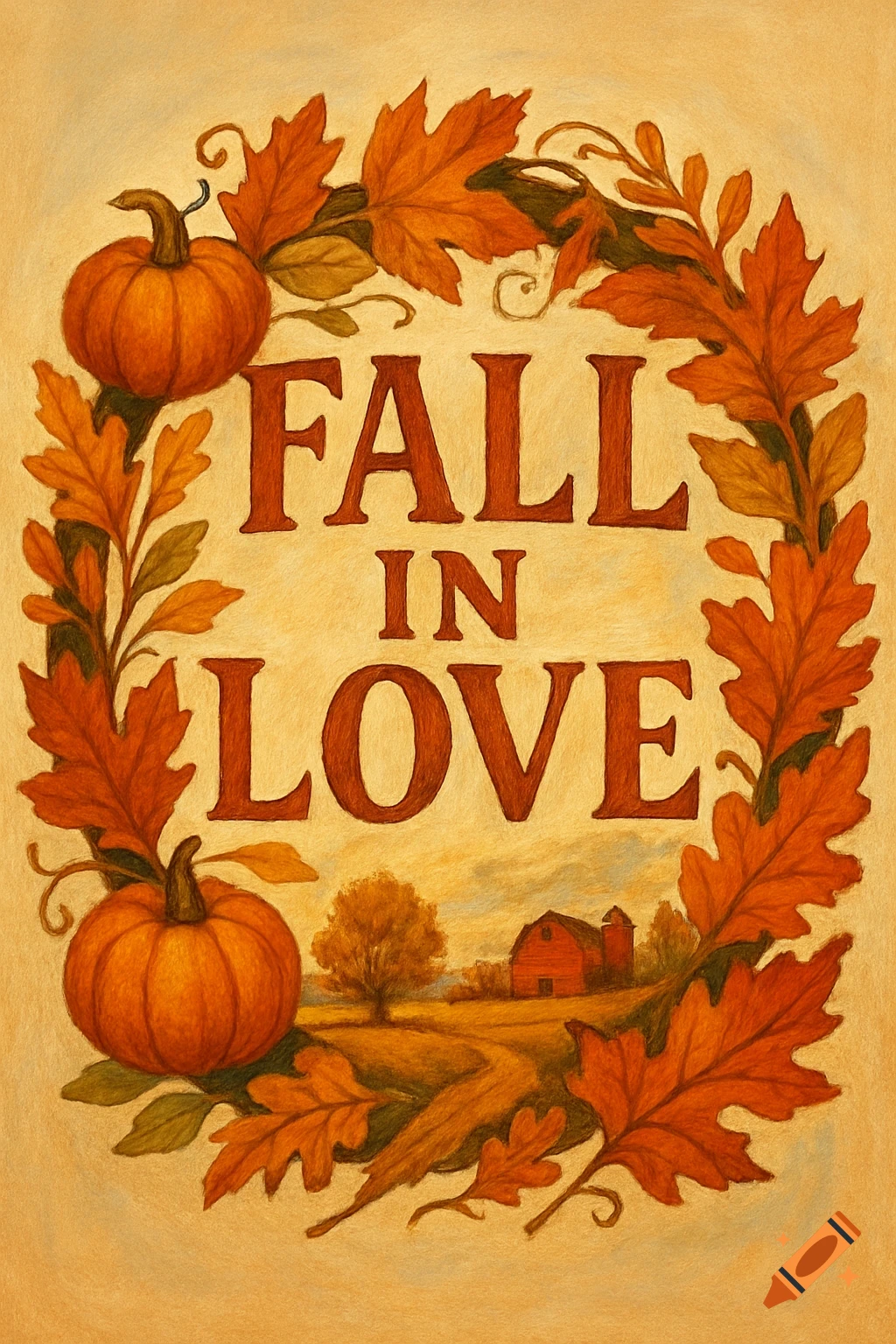 Illustration with 'Fall in Love' text framed by autumn leaves and ...