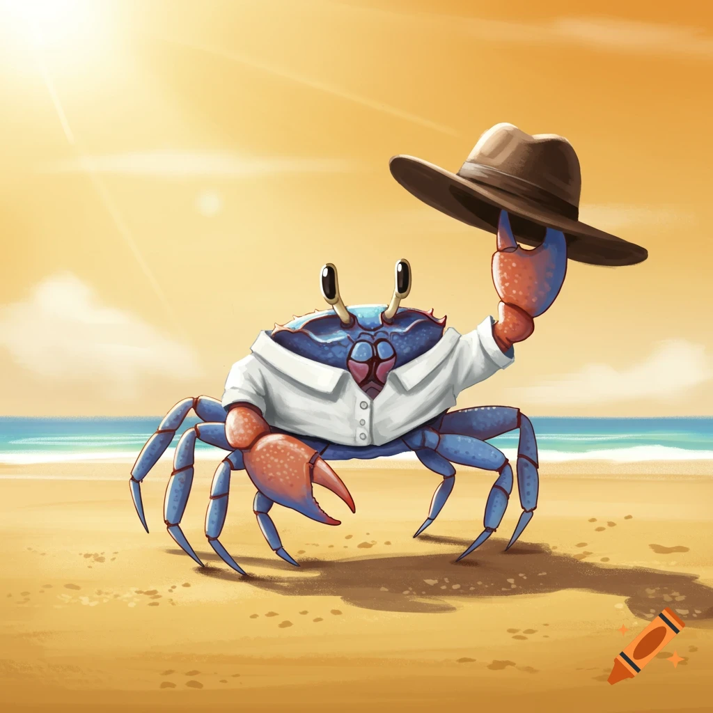 A cartoon-style blue crab wearing a white shirt holds up a hat on a ...
