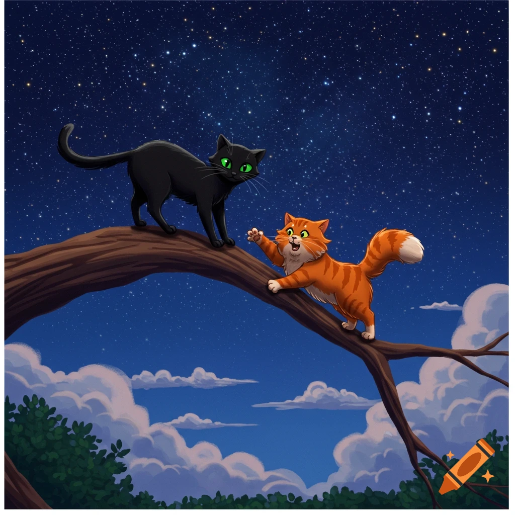 Two cartoon cats on a tree branch under a starry night sky. on Craiyon