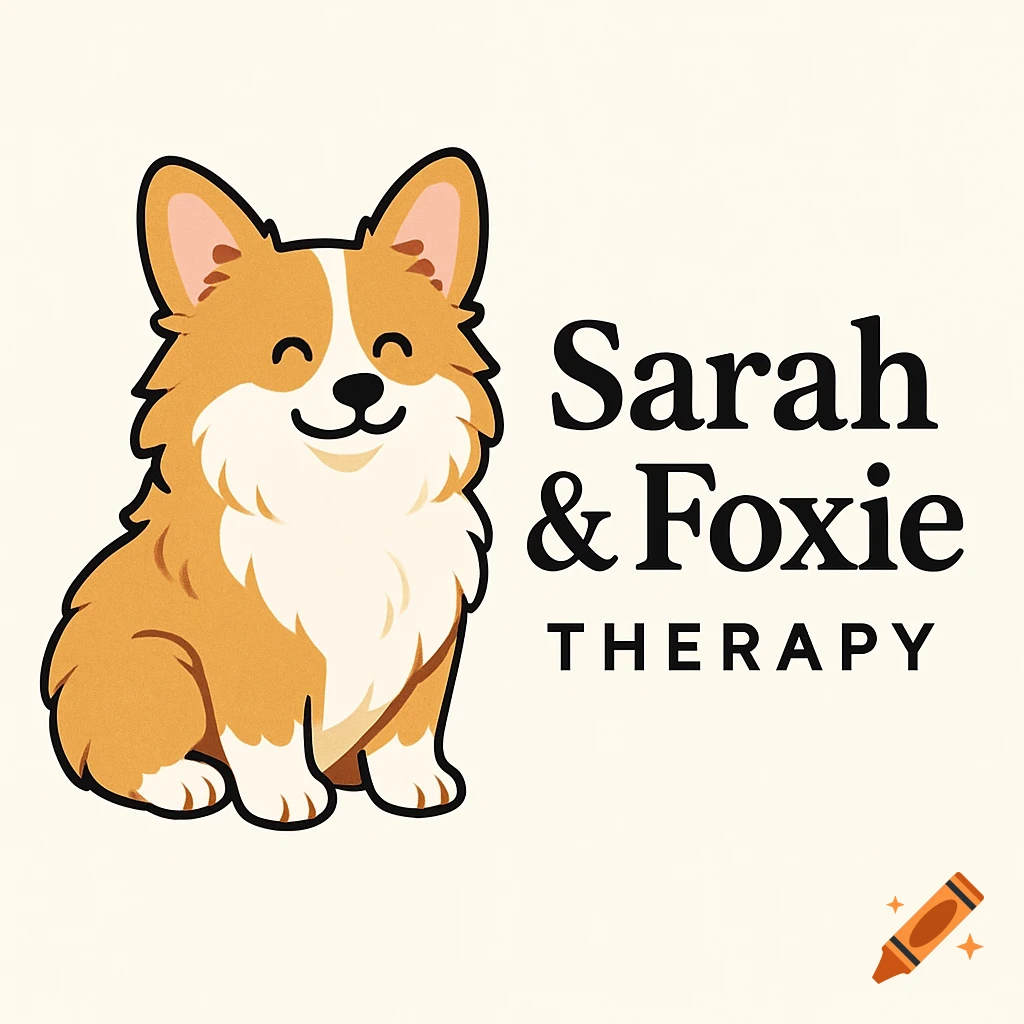Sarah & Foxie Therapy logo featuring a fluffy Corgi on Craiyon