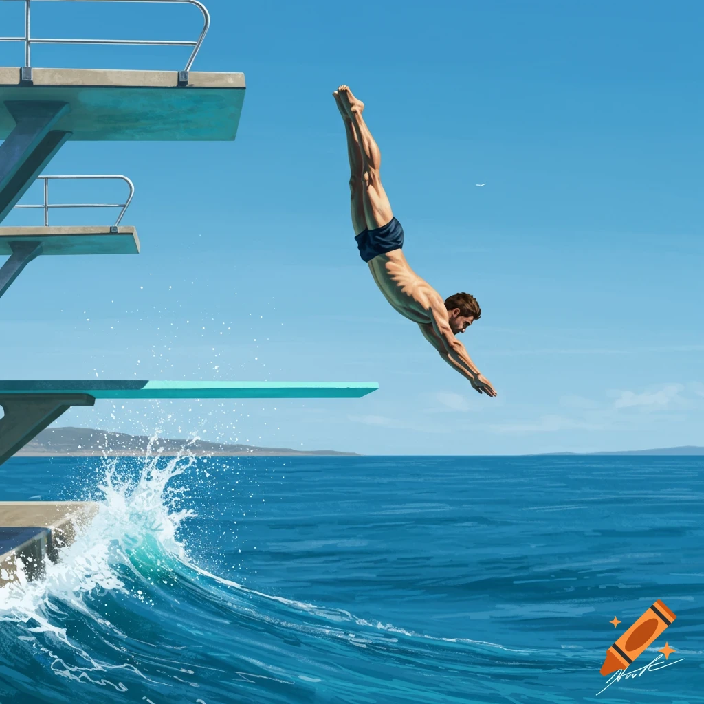 A man diving headfirst from a high platform into a blue ocean. on Craiyon
