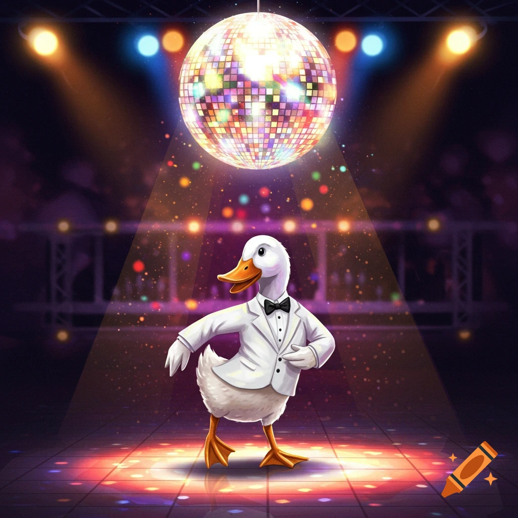 A duck on a dance floor wearing a rhinestone suit with a disco ball. on ...