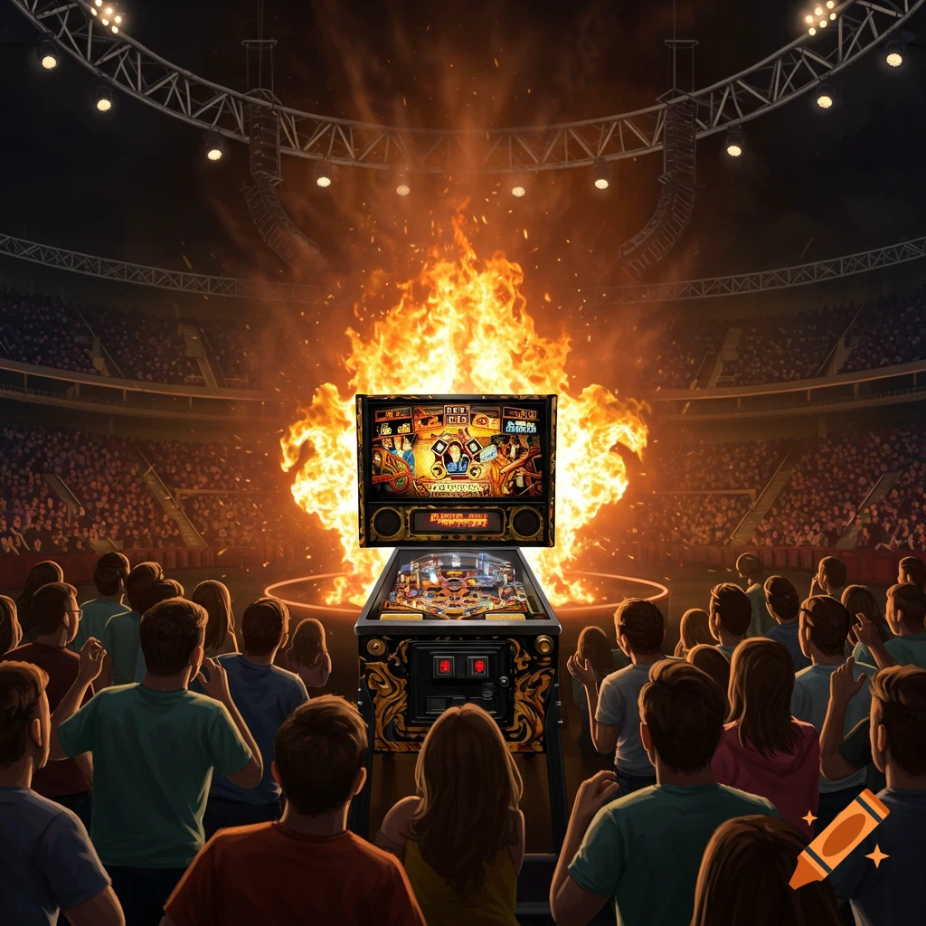 People panicking as pinball machine catches fire at show on Craiyon