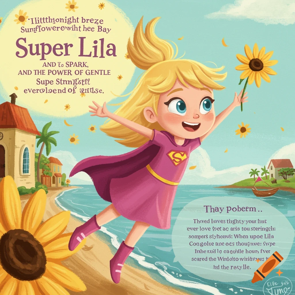 Super Lila, a girl with superpowers, illustrated. on Craiyon