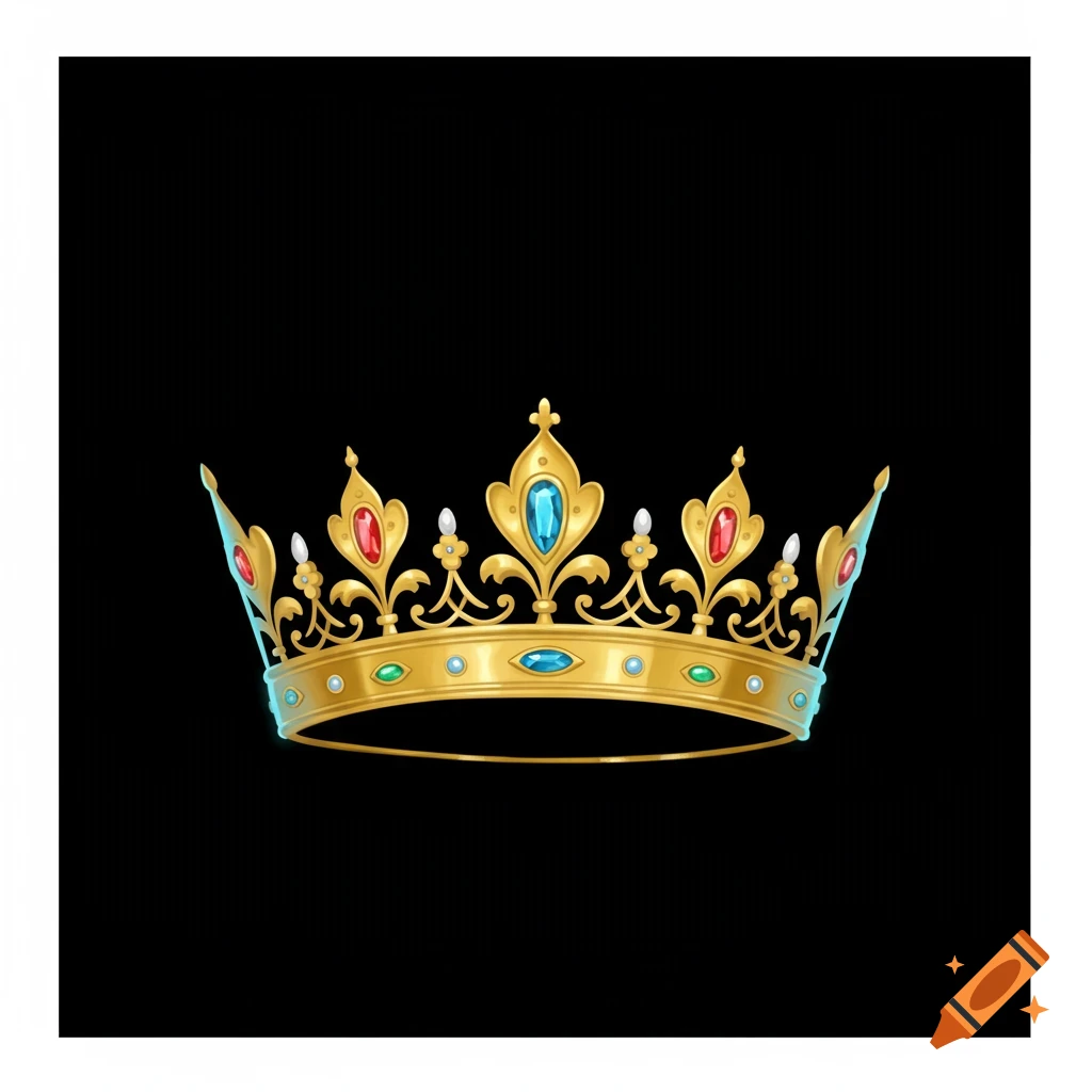 Digital illustration of a gold crown with jewels on black on Craiyon