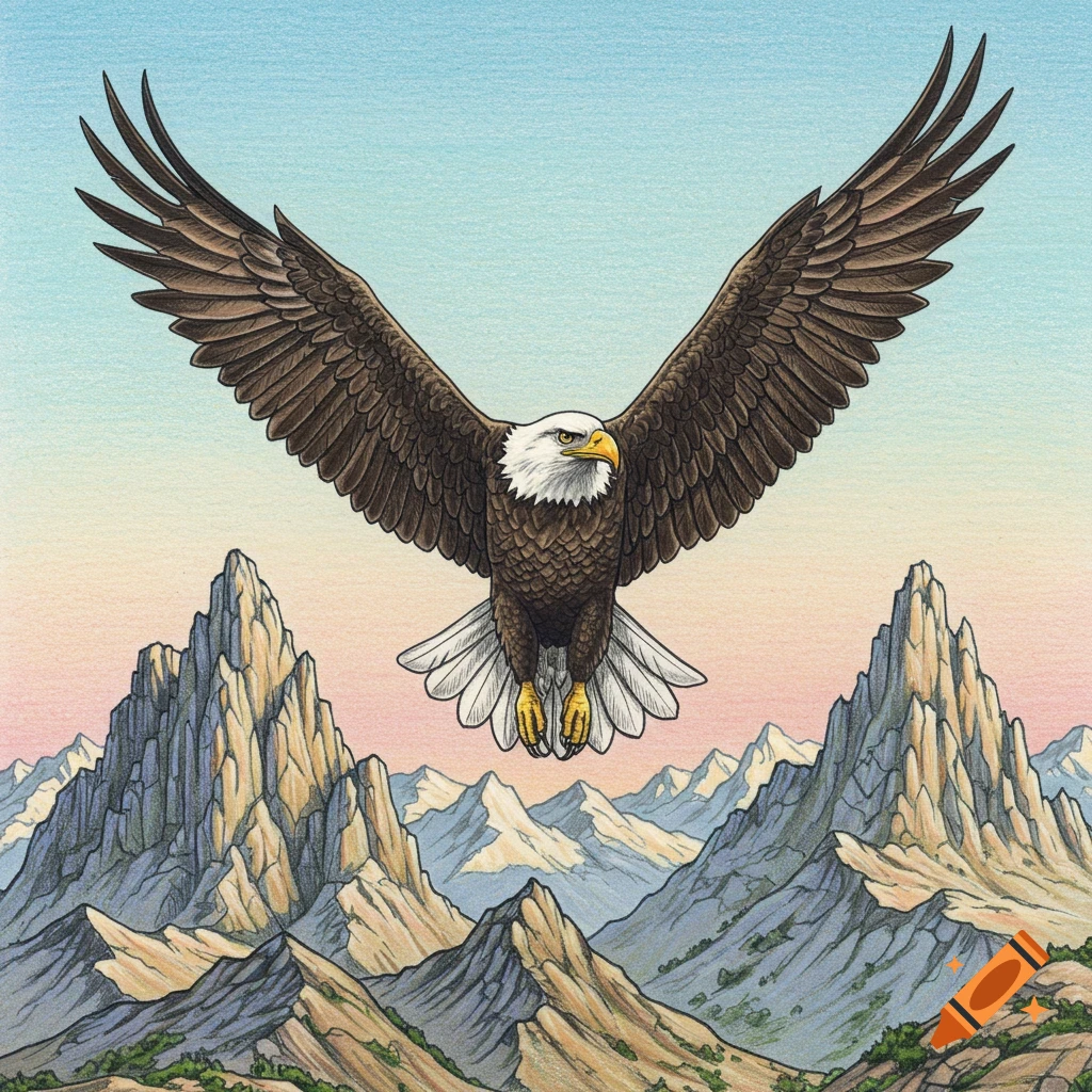 A drawing of an eagle flying with widespread wings over mountains on ...