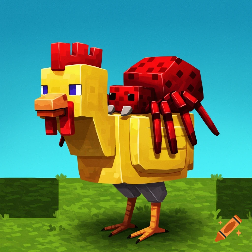Blocky chicken with a spider on its back in a Minecraft-like world on ...