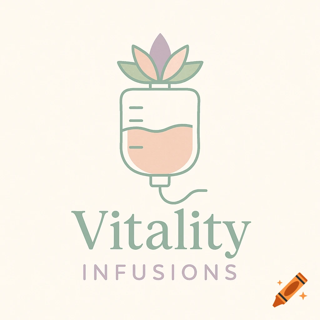 Logo with an IV bag topped by a lotus flower, text 'Vitality INFUSIONS ...